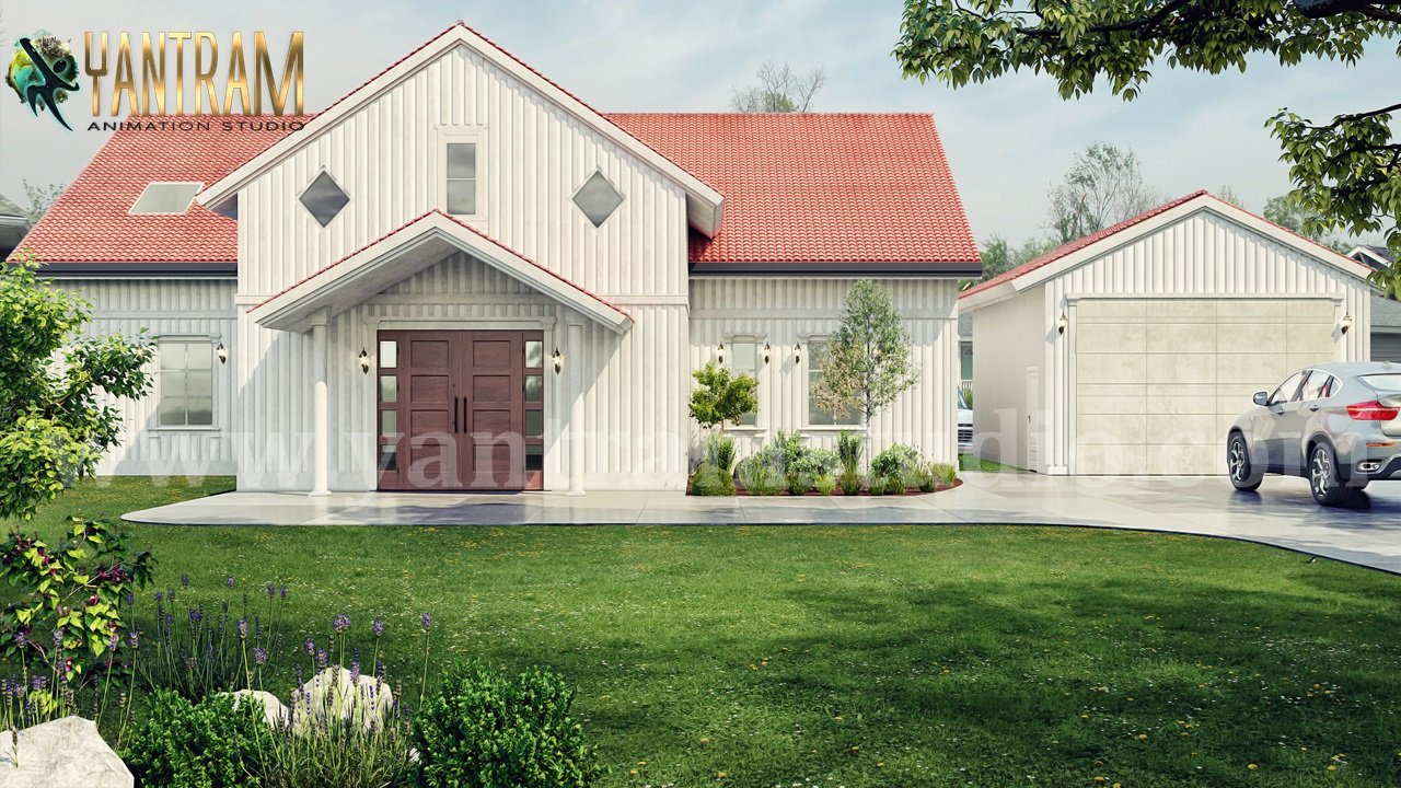 Modern Farmhouse exterior rendering services with Frontyard Landscape ...